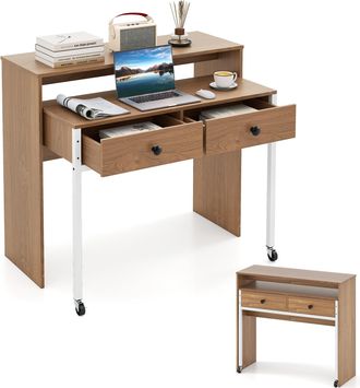 Giantex Schreibtisch, Computertisch mit Regal, 4 Schubladen & Rollen, PC Tisch für Home Office & Arbeitszimmer, 100 x 63 x 88 cm (Natur)