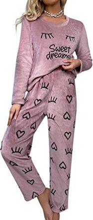 Minetom Femme Ensemble de Pyjama Hiver Manche Longue Chaud Doux Polaire Vêtements de Nuit Deux Pièces Haut Tops et Pantalon E Violet S