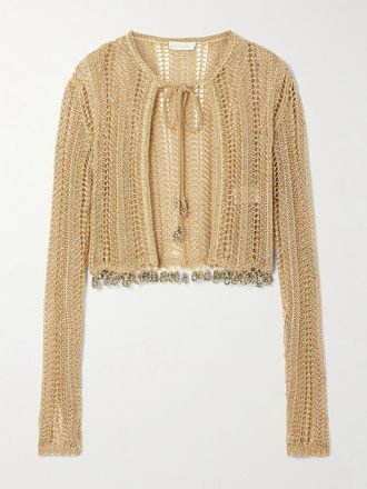 Paco Rabanne Cardigan En Mailles Ajourées Métallisées À Perles - Doré