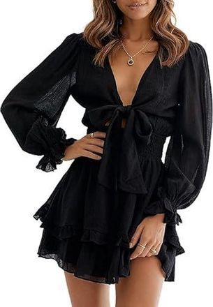 Generic Femmes Pure Color Deep V - Neck Sexy Robe Volants Robe &agrave; Manches Longues Holiday Elegant Everyday Wear (S,Noir)