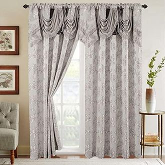 Elegant Comfort Vorhang-Set in Jacquard-Optik mit angenähtem Wasserfall-Volant, (2er-Set), 137,2 x 213,3 cm, Blattmuster, Silber