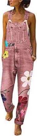 TOMWELL Salopette Femme Mode Fleur Imprimé Jeans à Bretelles Pantalon de Travail en Denim Skinny Combinaison Streetwear Romper Pants Casual C Rose XL
