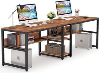 Tribesigns Tribesigns - Bureau avec Rangement, 200 cm Bureau dOrdinateur Double pour Deux Personnes, Bureau d&eacute;criture Rustique avec &eacute;tag&egrave;re pour Le Bureau &agrave;