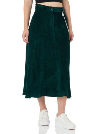 Love Moschino Damen Brand midi skirt personalised with chain and heart at the waist, Grün, 42 EU