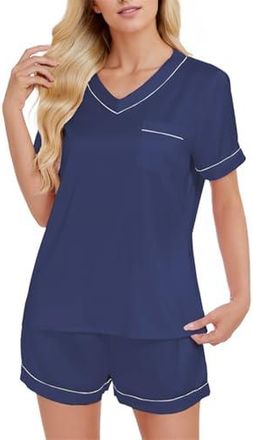 Generic Pyjama 2 pi&egrave;ces en soie pour femme, col en V, v&ecirc;tements dint&eacute;rieur doux et soyeux, &agrave; manches courtes, en satin avec haut et short, bleu, XXL