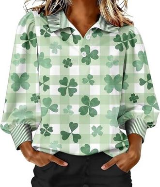 Generic Chemises de la Saint-Patrick pour femme, chemisier tr&egrave;fle porte-bonheur, manches longues, chemise boutonn&eacute;e &agrave; revers, haut imprim&eacute; tr&egrave;fle &eacute;l&eacute;gant, cou