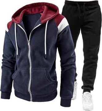 Generic Ensemble complet de survêtement à capuche pour homme avec poches et cordon de serrage pour sport de plein air, bleu, M