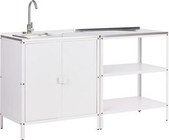 Beliani Outdoor-K&uuml;che 2er Set mit Sp&uuml;le VILAMA Metall Wei&szlig;