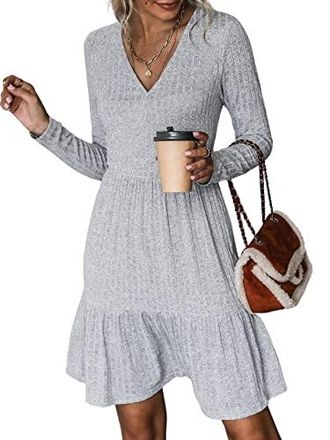 Cupshe Mini robe chic à manches longues et col en V pour femme, robe de soirée en jersey tricoté côtelé, ourlet volanté, robes dautomne décontractées, gris, 