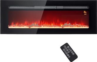 HOMCOM Cheminée électrique 1800 W Mural ou encastrable Fausse cheminée avec Effet Flamme en LED 3 Couleurs 5 luminosités, bûche et Cristal, minuterie, tempér