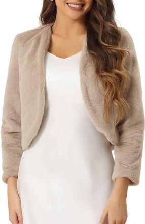 Allegra K Damen Langarm Kurze Jacke Kunstpelz Offen Front Crop Fell Hochzeits Braut Winterjacke Khaki L