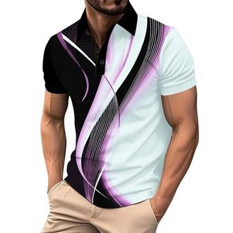 Generic Chemise ray&eacute;e en maille pour homme - Style d&eacute;contract&eacute; - Col &agrave; revers - Rayures - Couleurs contrast&eacute;es - T-shirt &agrave; manches courtes, violet, XXL