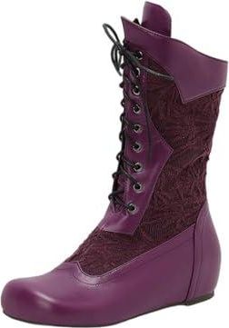 Generic Bottes mi-mollet pour femme - Talon plat - Style d&eacute;contract&eacute; - Style r&eacute;tro - Confortable - &Agrave; lacets - Avec augmentation interne, violet, 40.5 EU