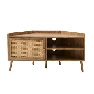Calicosy TV-Eckschrank, 1 Rattant&uuml;r und 2 offene Nischen - F&uuml;&szlig;e aus Holz Dekor & goldfarbener Knopf - Kollektion Palmo - Wohnzimmer - L 120 x T 40 x H 60 cm