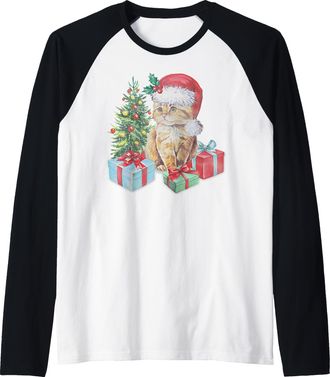 Trendy Apparel Christmas Kitten Santa Hat Holiday Tree Gifts Raglan