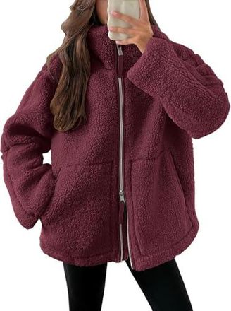 Onsoyours Veste Polaire Femme Hiver Manteau en Peluche ÉPaissir Zippé Blousons Fourrure Manche Longue Casual Couleur Unie Outerwear A Vin Rouge XS