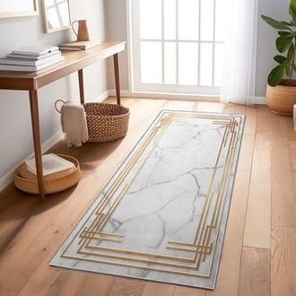Generic Tapis Couloir Long Marbre Luxueux Or et Blanc Tapis Cuisine Devant Evier Antid&eacute;rapant Absorbant Tapis Int&eacute;rieur Entr&eacute;e Long 80x200 cm de Passage Moder