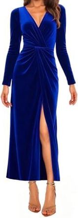 Minetom Robe Velours Femme Longue Hiver &Eacute;l&eacute;gante Col V Manches Longues C&eacute;r&eacute;monie Cocktail Mariage Soir&eacute;e F&ecirc;te Dress A Bleu XL
