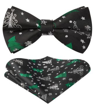 Hisdern Fliege Weihnachten Herren Vorgebunden Fliegen mit Einstecktuch Set Weihnachtsfliege Taschentuch Männer für Feiertags Schwarz