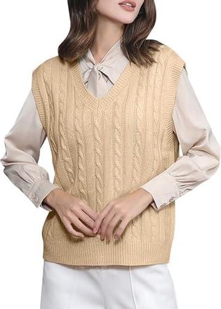 Generic Gilet pour femme, gilet en tricot de couleur unie, pull à col en V, gilet sans manches, gilet baggy décontracté pour femme, kaki, XS