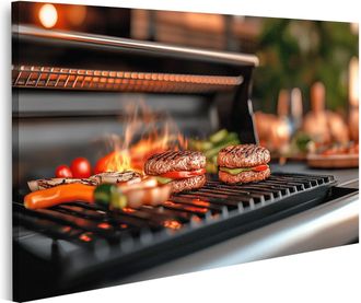 Islandburner Bild auf Leinwand Burger auf dem Grill mit Flammen und Gem&uuml;se f&uuml;r K&uuml;che Grillmeister Imbiss Bilder Wandbilder Poster
