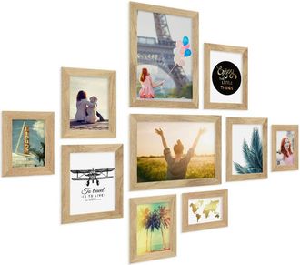 Photolini Bilderrahmen Set Holz, Fotorahmen Holz Echtholz, 10er Bilderrahmenset Wand Collage, photo frames for wall mit Acrylglas aufhängen, Eiche Bilderrahmen 