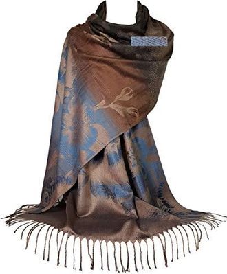 GFM design de fleurs Echarpe style Pashmina -S1-2026-Marron Bleu- (Pash-2026-GHKEKNL)