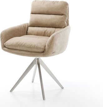 DELIFE Esszimmerstuhl Abelia-Flex mit Armlehnen Mikrofaser Beige Vintage Kreuzgestell kantig Edelstahl, Esszimmerstühle