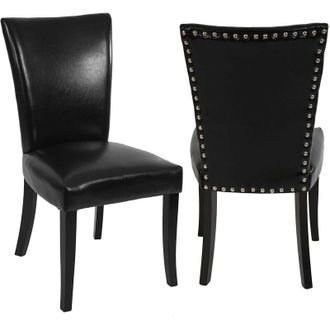 Mendler Mendler - Lot de 2 chaises de salle &agrave; manger Chesterfield av rivets - similicuir noir, pieds fonc&eacute;s