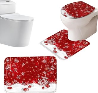 Generic Weihnachts-Badezimmer- -Set, Toilettendeckel, Sitzbez&uuml;ge, Badezimmerteppiche, Festliche Boden-Szene, Requisiten, Anti-Rutsch-Matte, Cartoon-Design f&uuml;r