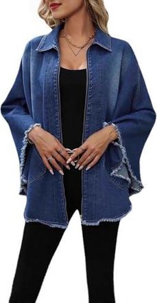 Generic Veste en jean ample pour femme avec col &agrave; revers et manches chauve-souris, bleu fonc&eacute;, S