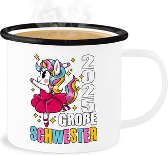 Shirtracer Emaille Becher Blechbecher - Tasse & Bruder Geschenk - Große Schwester 2025 mit Ballerina Einhorn - 300 ml - Weiß Schwarz - für geschwister zur geburt