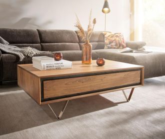 DELIFE Couchtisch Stonegrace 115x60 cm Akazie Natur 2 Schubladen Steinfurnier, Couchtische