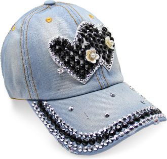 Glamexx24 Jeans Baseball Cap Damen Verstellbare Basecap mit Strasssteinen Atmungsaktive Baumwolle Baseballkappe f&uuml;r Outdoor Running Tennis Golf, Herz-Schwarz