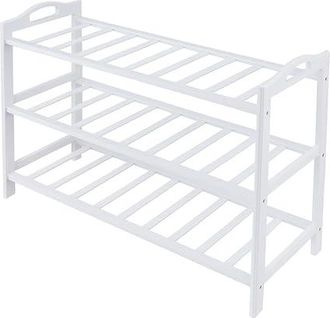 Relaxdays Schuhregal, HxBxT: 48 x 70 x 25 cm, Bambus, 3 Ebenen, f&uuml;r 9 Paar Schuhe, Schuhst&auml;nder mit Gitterablagen, wei&szlig;