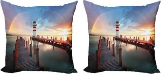 Abakuhaus Leuchtturm Dekokissen Kissenbezug 2er Pack, Wolken Sonnenuntergang am Meer, Modern Accent Doppelseitiger Digitaldruck, 60x60, Tan Rot