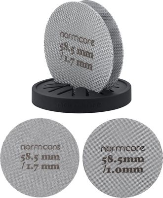 Normcore Puck-Sieb, 2 St&uuml;ck, 58,5 mm, mit St&auml;nder, wiederverwendbares Kontakt-Duschsieb mit Silikonhalter, 1,7 mm/1,0 mm Dicke kompatibel mit Espressomaschine 