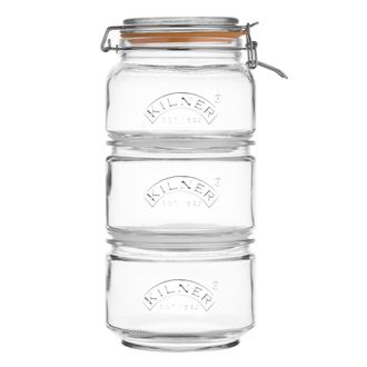 Kilner Stapelbare Vorratsgläser im 3er Set je 900 ml, Glas/Edelstahl, Maße: 17,5 x 17,5 x 32 cm
