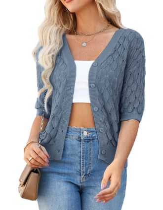 Grace Karin Damen Kurze Elegante Strickjacke Button-Down Leicht Daily Casual Strickjacke Blaugrau S
