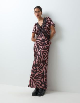 Reclaimed Vintage Satin-Maxikleid im Teekleid-Stil mit Zebraprint-Multi