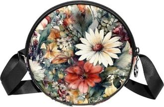 Generic Petit sac &agrave; bandouli&egrave;re circulaire pour femme, motif feuilles florales, sac &agrave; dos avec fermeture &eacute;clair, bretelles r&eacute;glables, sac &agrave; main rond d&eacute;contra