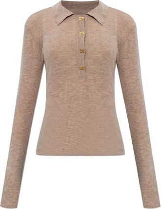 Ganni Femme, Pulls, Brun, Taille: 40 FR Polo &agrave; Manches Longues en Maille C&ocirc;tel&eacute;e