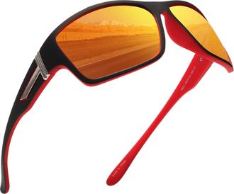 JIM HALO Polarisierte Sonnenbrille für Männer und Frauen, Wrap-Around-Sprot-Sonnenbrille zum Radfahren Angeln Fahren Schwarz Rot/Spiegelrot