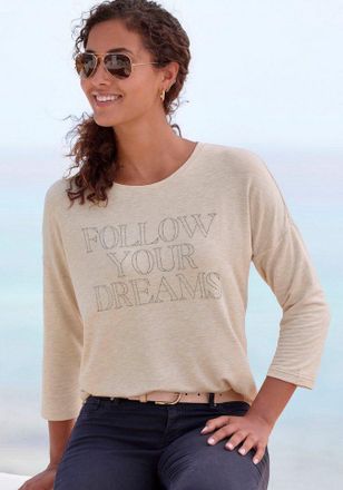 Lascana 3/4-Arm-Shirt mit Schriftzug aus Strasssteinen aus hochwertiger French Terry-Qualit&auml;t aus Viskose