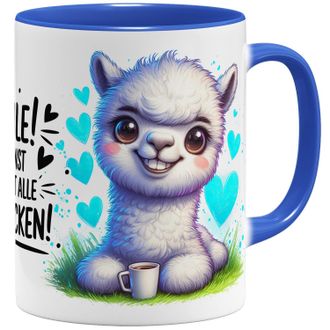 OM3 Lustige Alpaka Kaffee-Tasse mit Spruch - L&auml;chle! Du kannst sie nicht alle anspucken! - Statement - Keramik Becher - 325ml - Rundumdruck - Blau