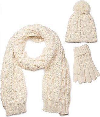 styleBREAKER Ensemble composé dune écharpe, dun bonnet et de gants, écharpe loop avec motif tricoté, bonnet à pompon et gants, femmes 01018208, couleur:Crème-beige