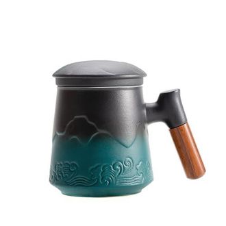 Zens Tasse à Thé ZENS avec Infuseur et Couvercle (500 ML),Tasse en Céramique Gaufrée pour Thé en Feuilles avec Filtre Fin - Vert Foncé avec Poignée en Bois