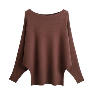 Generic Pull en tricot &agrave; manches chauve-souris et col bateau pour femme - Automne et hiver - Long pull chaud en tricot c&ocirc;tel&eacute;, caf&eacute;, Taille unique