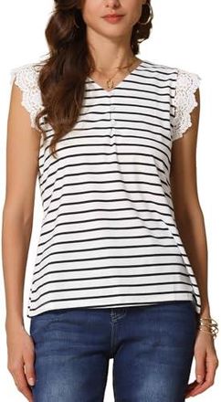 Allegra K Chemisier DÉté Femme à Rayures Haut Col en V Dentelle Patchwork T-Shirt Rayé à Manches Courtes Décontracté Blanc M