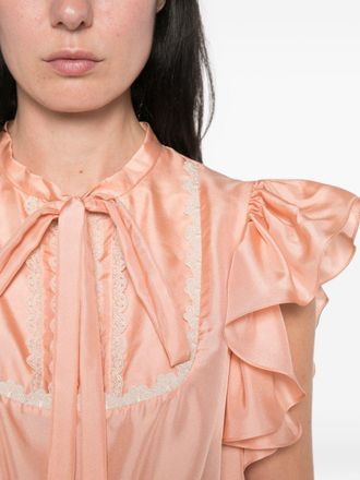 Chlo&eacute; Pussy-Bow Silk with Ruffled Lace Blouse - Peach